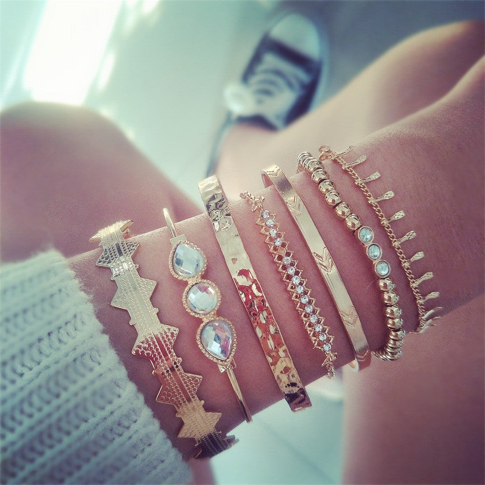Ladies 7 Piece Boho Retro Crystal Arrow Geo Open Gem Bracelet Set ...