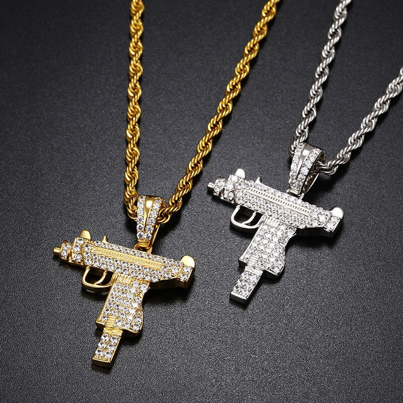 Solid 925 Sterling Silver UZI Machine 5A Diamond Simulate Hip Hop Pend ...