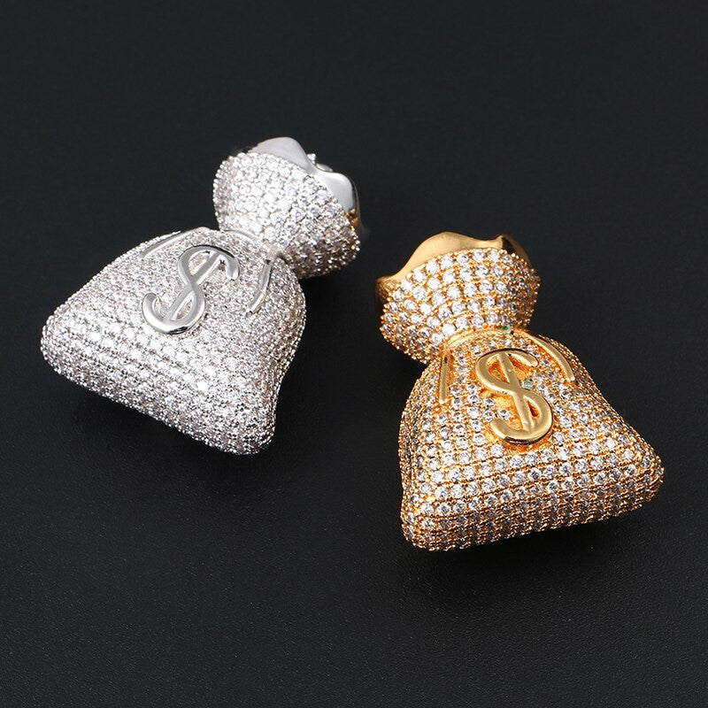 Mens Iced Blinged Out Prong Set Money Bag 18k Gold 925 Silver Hip Hop ...