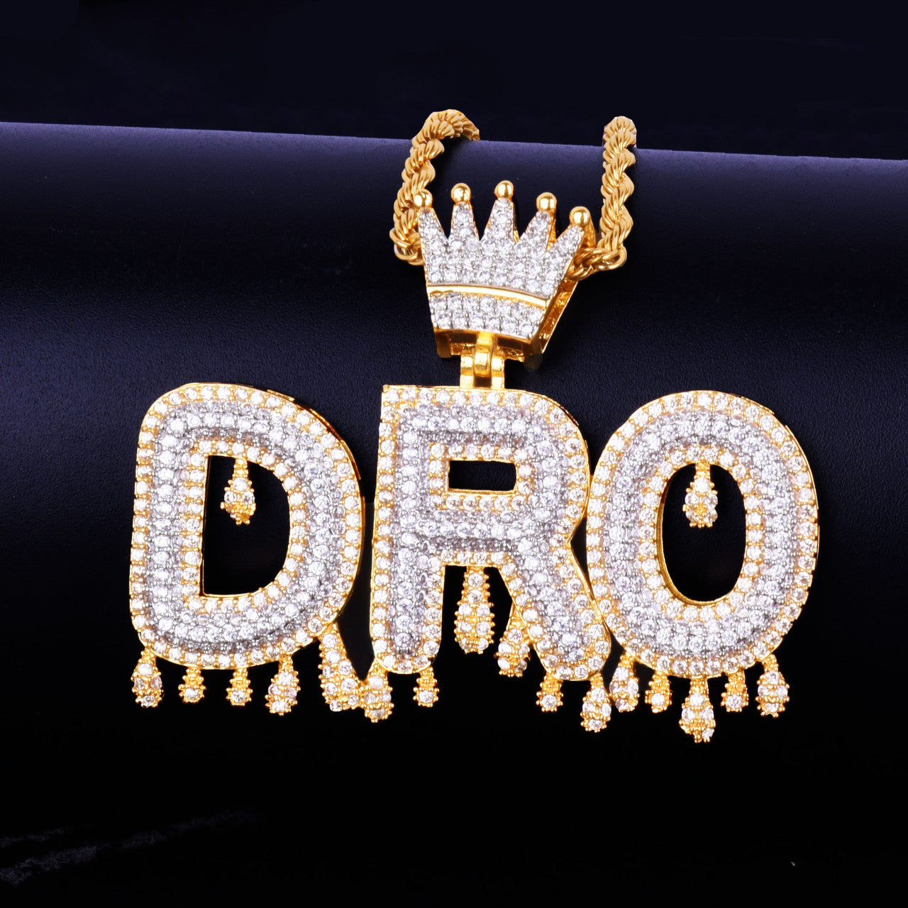 Custom Name 18k Gold Silver Kings Crown Bail Drip Drop Initials Floode ...