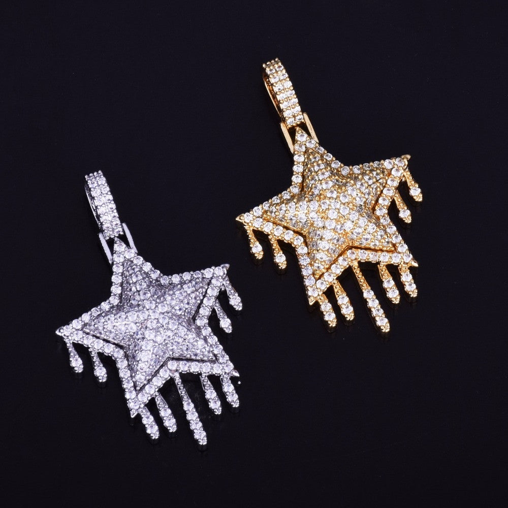Drip Drop 18k Gold .925 Silver Super Star Flooded Ice Pendant Chain Ne ...