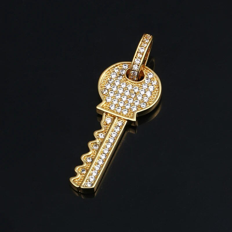 Cluster Stone Prong Set 18k Gold Iced Blinged Out Key Pendant Necklace ...