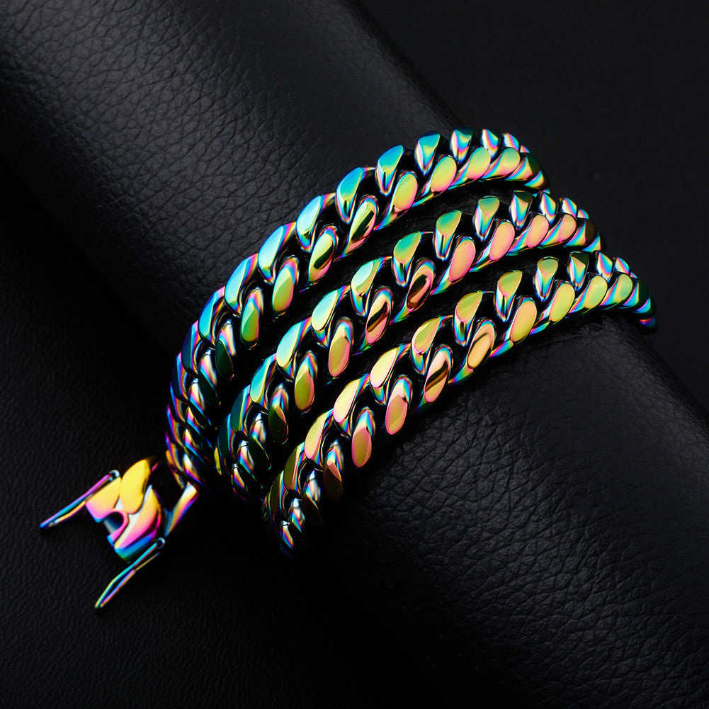 10mm Stainless Steel Fashion Rainbow Color Cuban Link Hip Hop Chain Ne ...