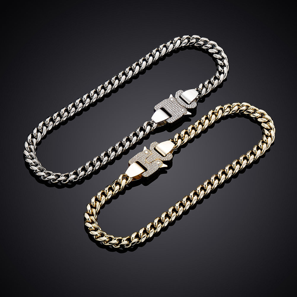 Mens 12mm Iced Spring Clasp 14k Gold Cuban Link Chains | Bling Jewelz