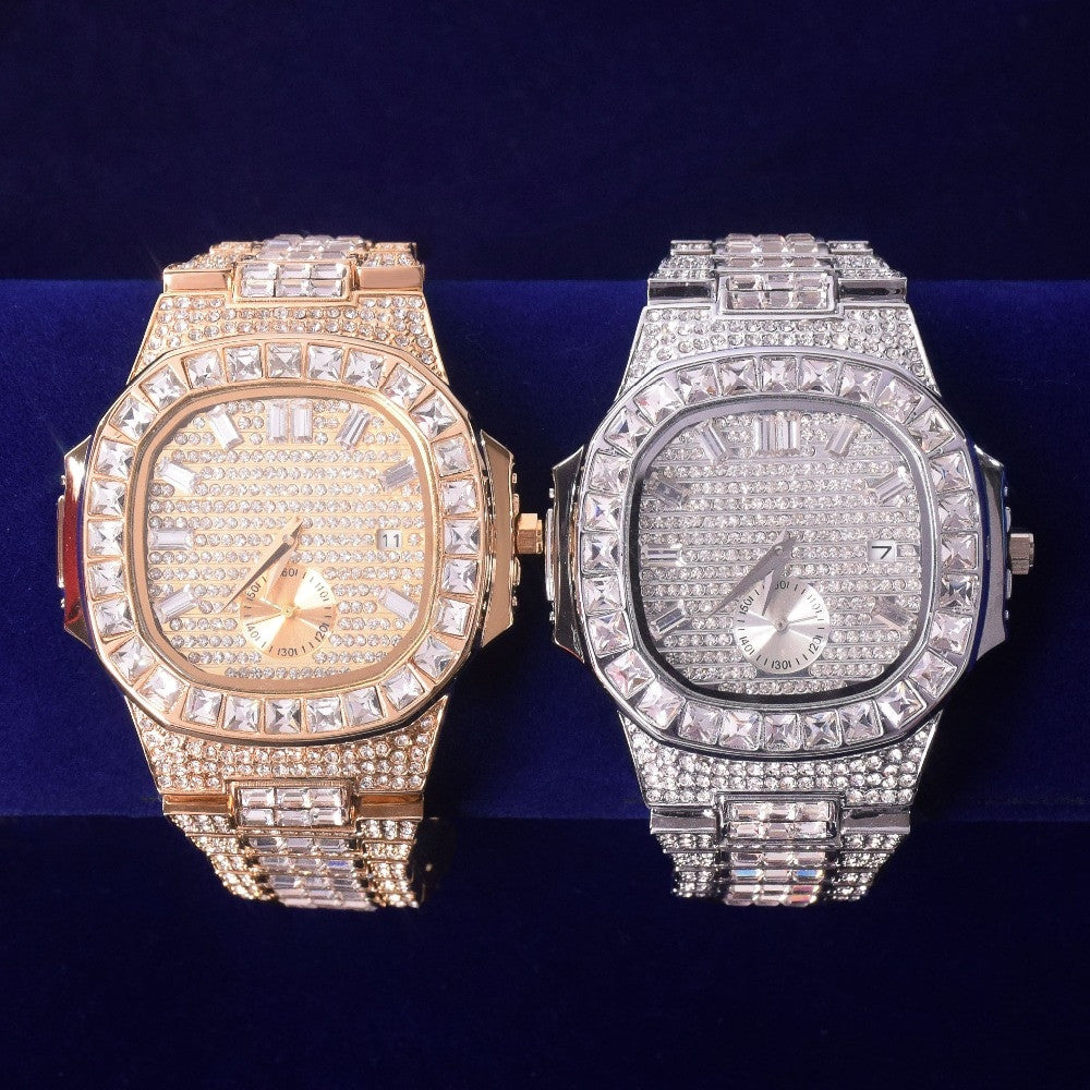 Flooded Ice Bust Down Square AAA Baguette Hip Hop Wrist Watch | Bling ...