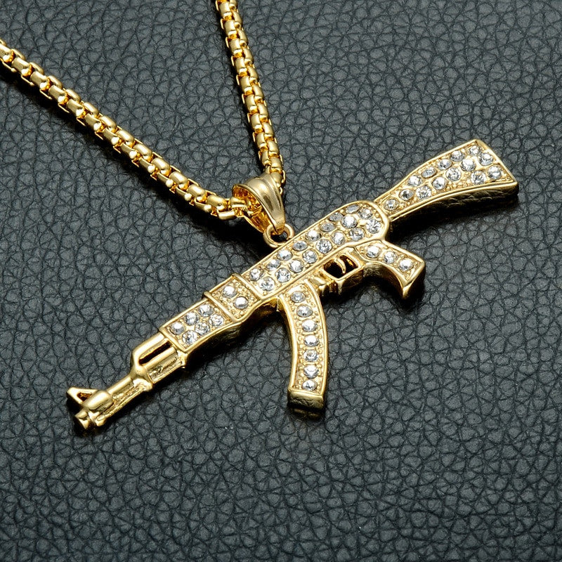 Flooded Ice AK47 Chopper Gun 14k Gold Stainless Steel Pendant Chain Ne ...