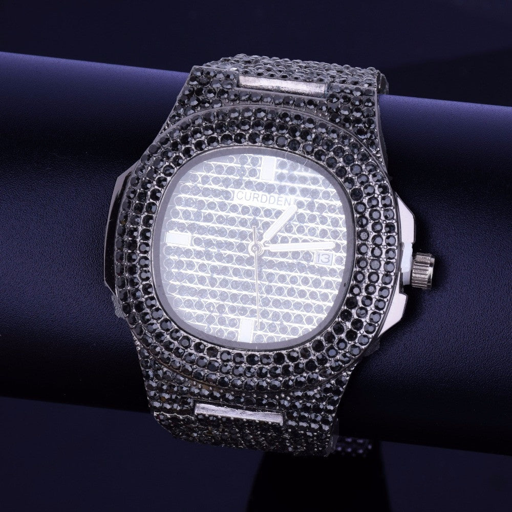 Black Lab Diamond Iced Faced Silver Stainless Steel Luxury Bling Wrist ...