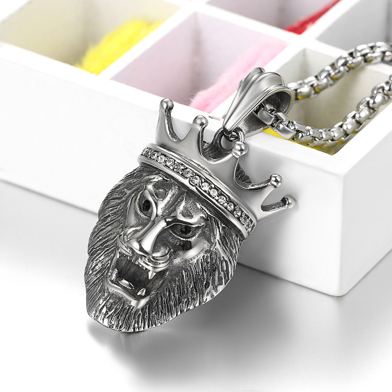 Mens Good Luck Power Wisdom Courage Elephant Crown Lion Chain Pendants ...