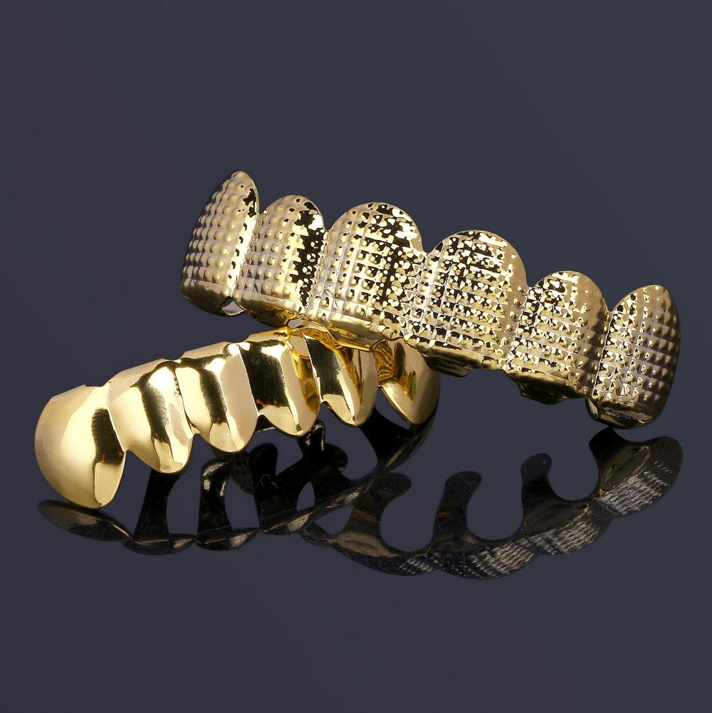 Hip Hop Gold Star Studded Grid Teeth Grillz Top Bottom Set | Bling Jewelz