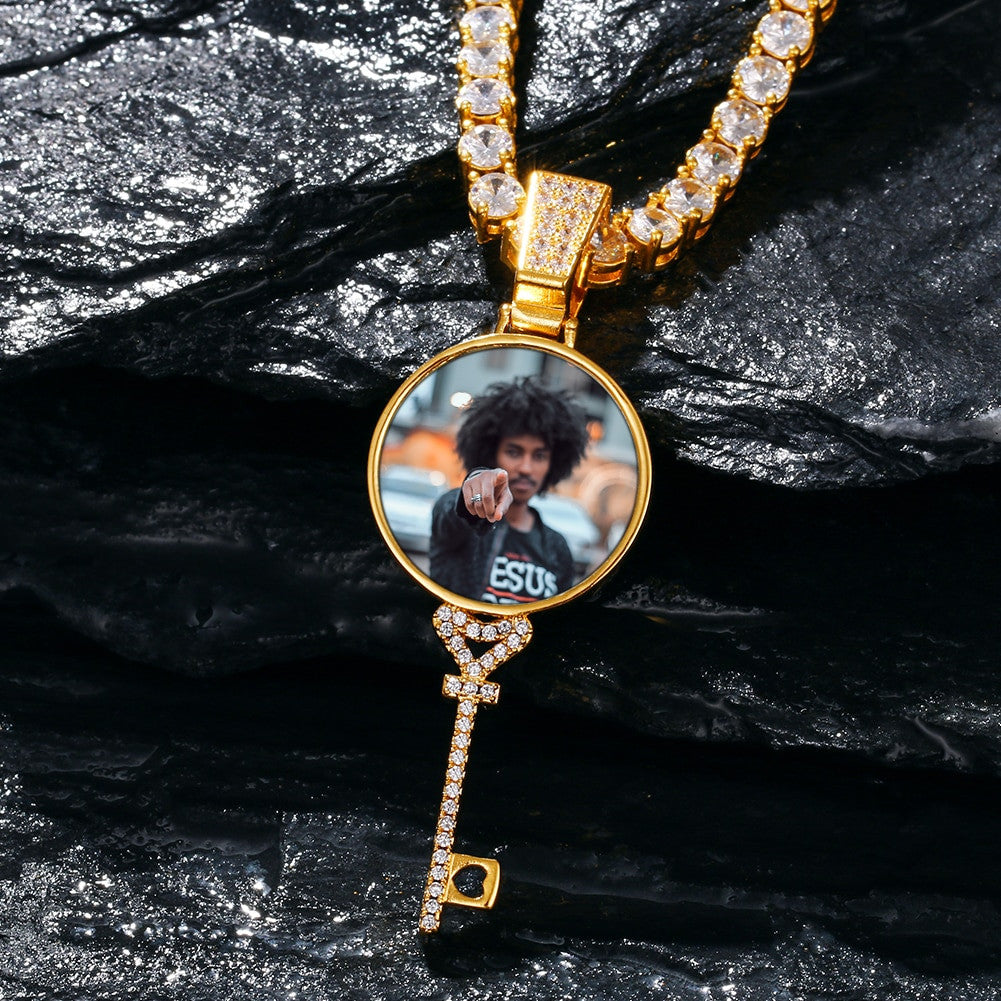 Flooded Iced Blinged Out Key to My Heart Photo Picture Pendant Chain N ...