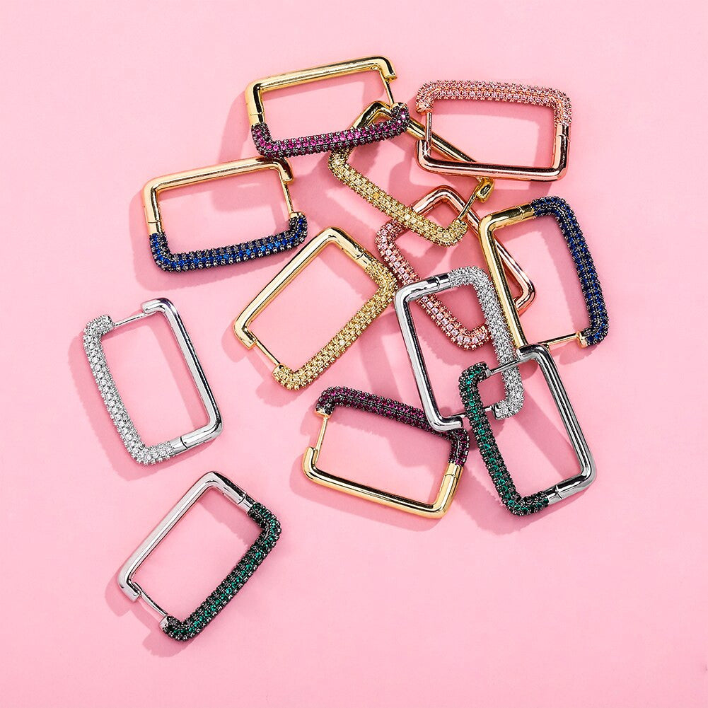 Ladies Square Hoop Cut Street Wear Fashion Flooded Ice Bling Bling Ear ...