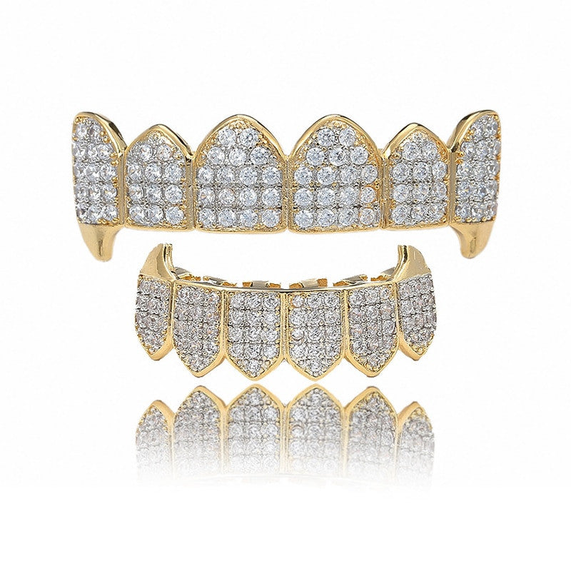 Hip Hop Micro Pave Clustered Stone Iced Out Fang Teeth Grillz Top Bott ...
