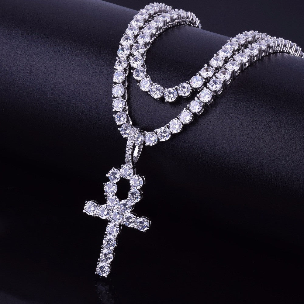 22k Gold .925 Silver Ankh Cross AAA Handset Micro Pave Tennis Chain Pe ...