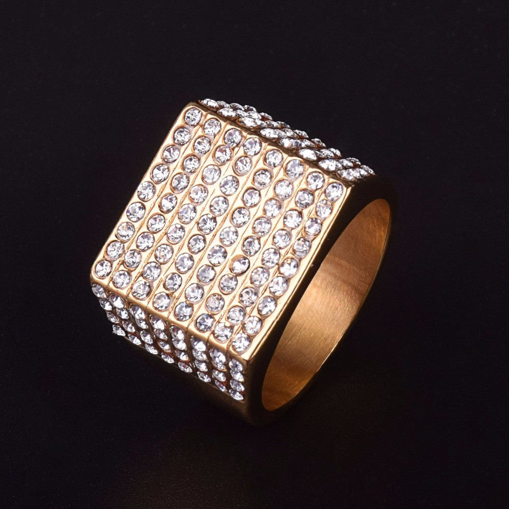 Men's Stainless Steel 14k Gold Squared Hip Hop Jewelry Iced Out Ring ...
