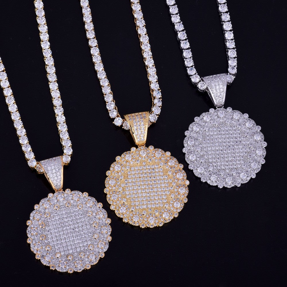 Round Cluster 18k Gold .925 Silver Medallion Pendant AAA Micro Pave Ch ...