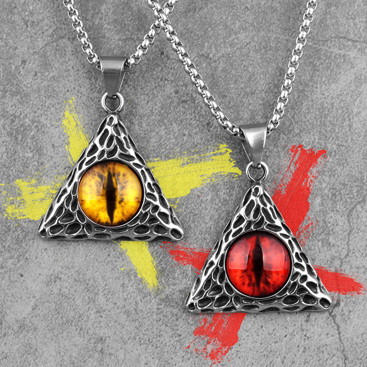 Demon Eye | Solid Stainless Steel Red Yellow Demon Eye Pyramid Amulet ...
