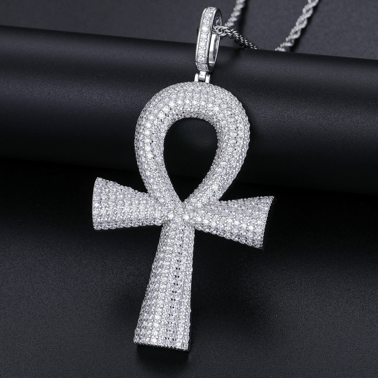 Genuine VVS Diamond Iced Blinged Out Ankh Cross 925 Silver Pendant Cha ...