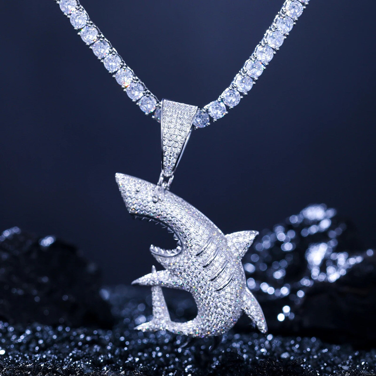 Shark Strike | Sterling Silver VVS Diamond Stones Great White Shark Ic ...