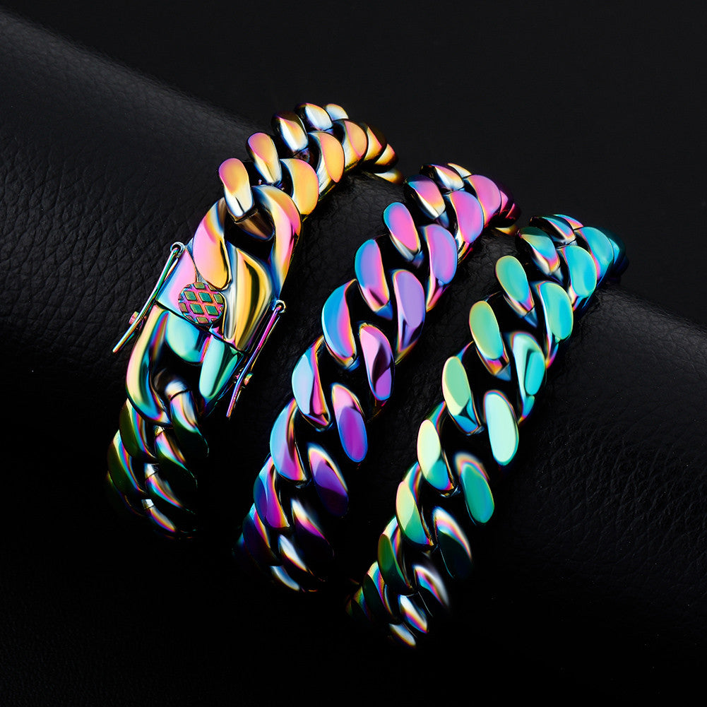 14mm Stainless Steel Fashion Rainbow Color Cuban Link Hip Hop Chain Ne ...
