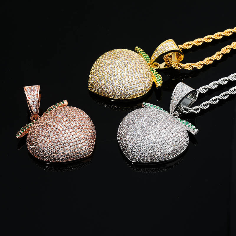Silver 18k Rose Gold Bling AAA Micro Pave Sweet Peach Pendant Chain Ne ...